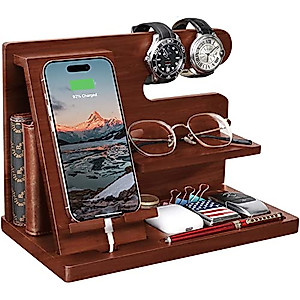 Gifts for Men Wood Phone Docking Station Gifts for him Husband Nightstand Organizer Cell Phone Stand Watch Holder Wallet Station Desk Organizers Gifts for Dad Birthday Gifts for Men