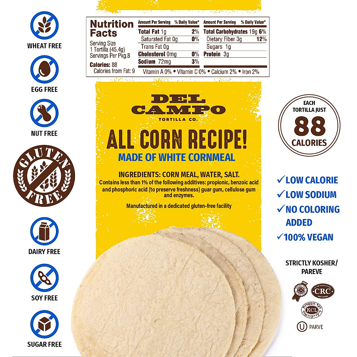 Del Campo Soft Corn Tortillas – 8 Inch Round. 100% Delicious Gluten Free and Authentic Mexican Food. Many Serving Options: Wraps, Tacos, Quesadillas or Burritos, Kosher. (8ct.) (Single)