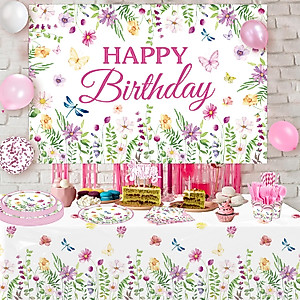 212 Pack Spring Wildflower Birthday Party Decorations Floral Tableware Plates Balloons Backdrop Set Wildflower Dinnerware Party Favor for Birthday Bridal Garden Tea Party Serves 20