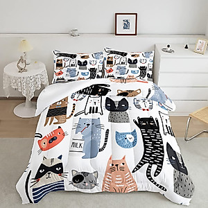 CVHOUSE Cat Bedding,Cartoon Cat Comforter Full,Animals Print Comforter Set for Kids,Kawaii Quilt Set with 1 Comforter and 2 Pillow Cases