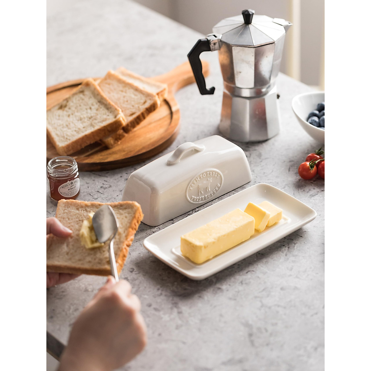 YHOJOY Cow Butter Dish, Ceramic Butter Dish with Lid for Countertop, White Butter Tray with Handle, Farmhouse Covered Butter Holder Container for East West Coast Butter Storage