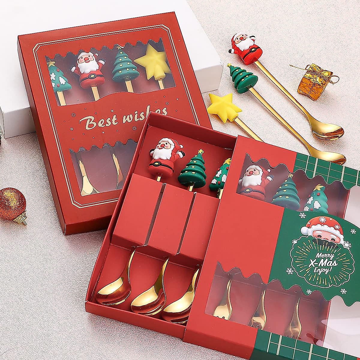 Christmas Spoon Stainless Steel Christmas Tree Tea Spoon for Home, Xmas Coffee Spoon Dinner Forks Dessert Spoon Stirring Spoon Ice Cream Spoon Creative Tableware Gift, Holiday Party Supply (6pcs-B)