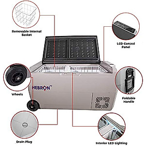 Hebron 33 Quart Dual Zone Portable Refrigerator/Freezer for Camping Fishing and Travel - 12/24 Volt DC Mini Chest Cooler for Vans Campers RVs and Boats