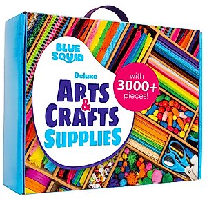 Blue Squid Arts & Crafts Chest - 3000+ pcs Deluxe Craft Supplies Box, 2 Drawers, 18 Compartments, Sturdy Handle - Art Crafting Kit Christmas Gifts for Kids, School Supply for Ages 4 5 6 7 8 9 10 11 12