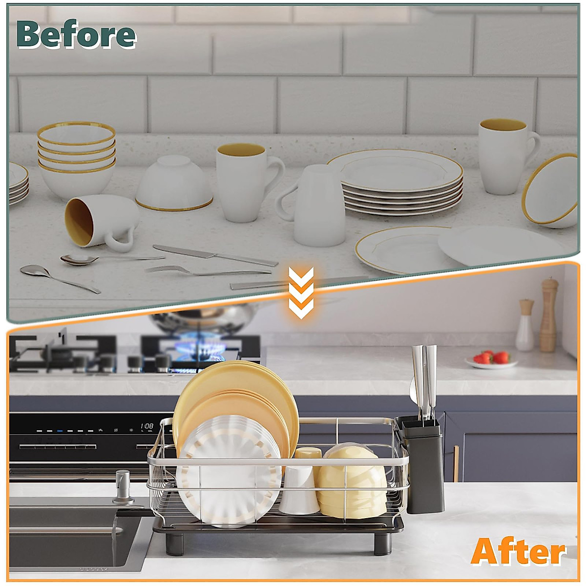 AIDERLY Stainless Steel Dish Drying Rack with Drainboard Dish Drainers for Kitchen Counter Sink Adjustable Spout Dish Strainers with Utensil Holder and Knife Slots, Black