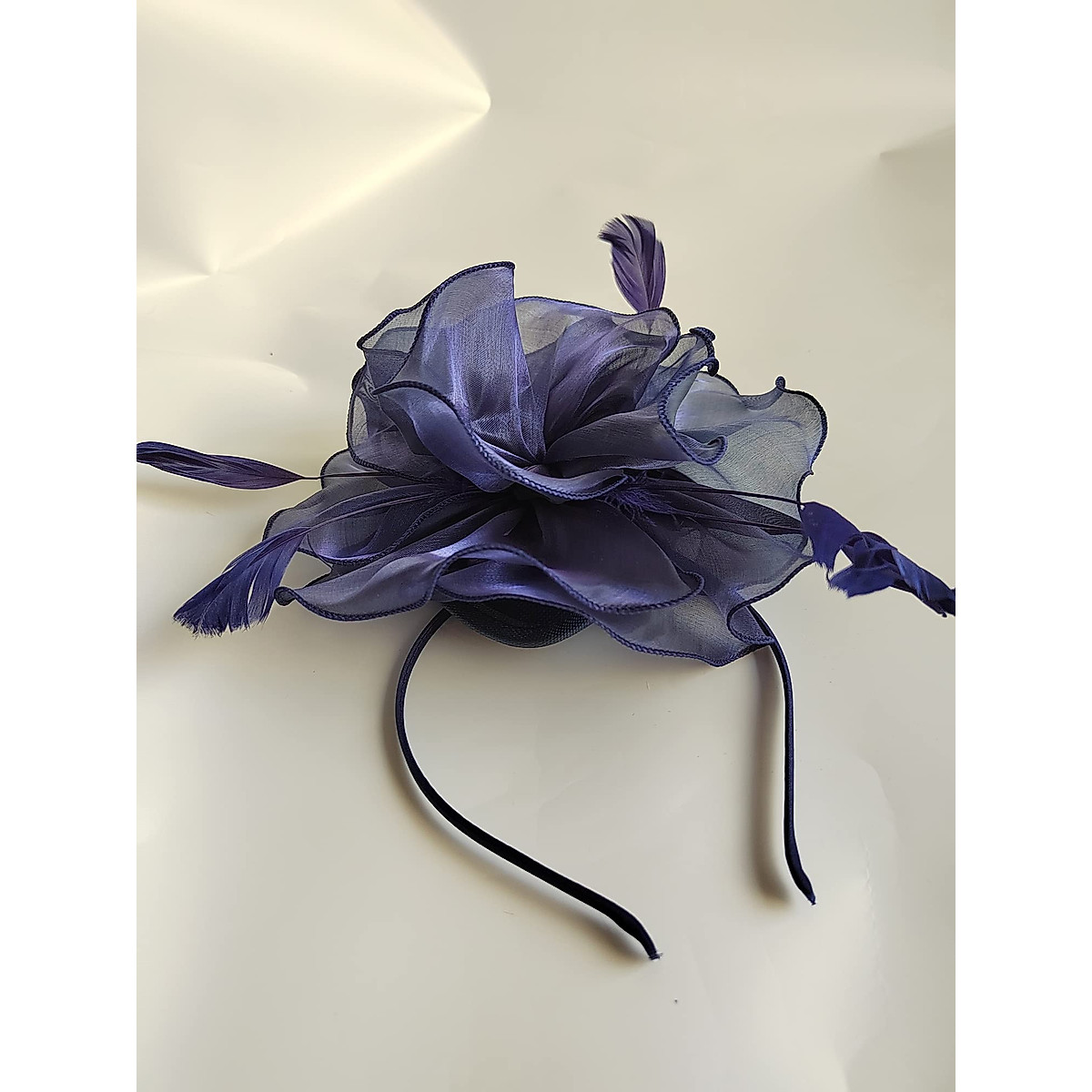 Women Organza Fascinator Hat Flower Feather Fascinators Tea Party Hat Headwear Fascinator Headband for Wedding Evening Church Navy