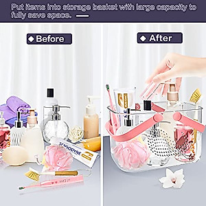 FODIENS 2 Pack Plastic Shower Caddy Basket, Portable Shower Caddy Tote Storage Basket with Colorful Handles, Clear Toiletry Organizer Bin for Bathroom Kitchen College Dorm (White+Pink)