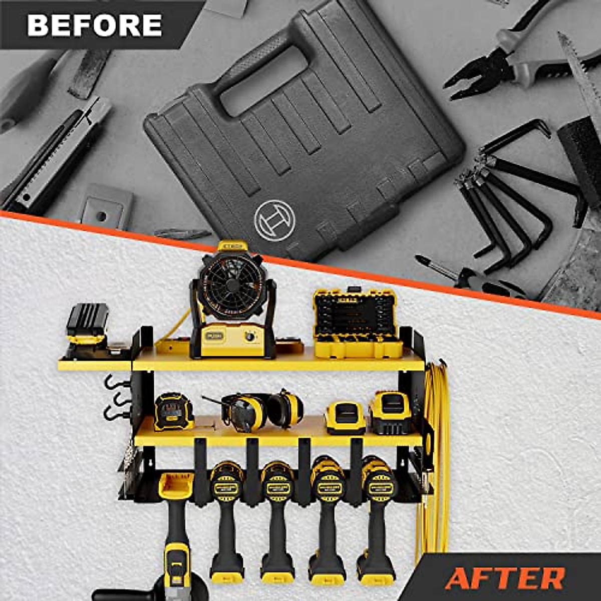 SPAZI Power Tool Organizer Wall Mount (25.5'' Lx9'' Wx12'' H) Storage Rack with Drill Holder, Tray, & 4 Magnetic Hooks - Steel Cordless -Garage w/ 2 Shelves, Black Yellow
