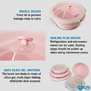 Silicone Collapsible Food Storage Container with Airtight Lid and Air Vent-4 Pack Foldable Meal Prep Round Lunch Box for Kitchen,Stackable & space saving,Microwave,Dishwasher and Freezer Safe (Pink)