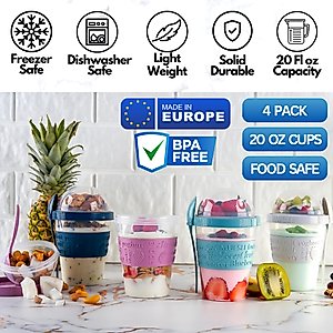BCS 4 Pack Yogurt Parfait Cups with Lids Reusable Take and Go Yogurt Containers with Lids and Spoons Overnight Oats Containers Breakfast on the Go Durable Cups with Topping for Cereal Granola (20 oz)