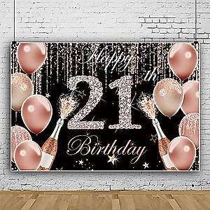 CRTPOD 10x8ft 21th Birthday Backdrop for Photography Rose Gold Balloon Champagne Diamond Glitter Background for Girl Women Birthday Party Cake Table Banner Photoshoot Studio Props