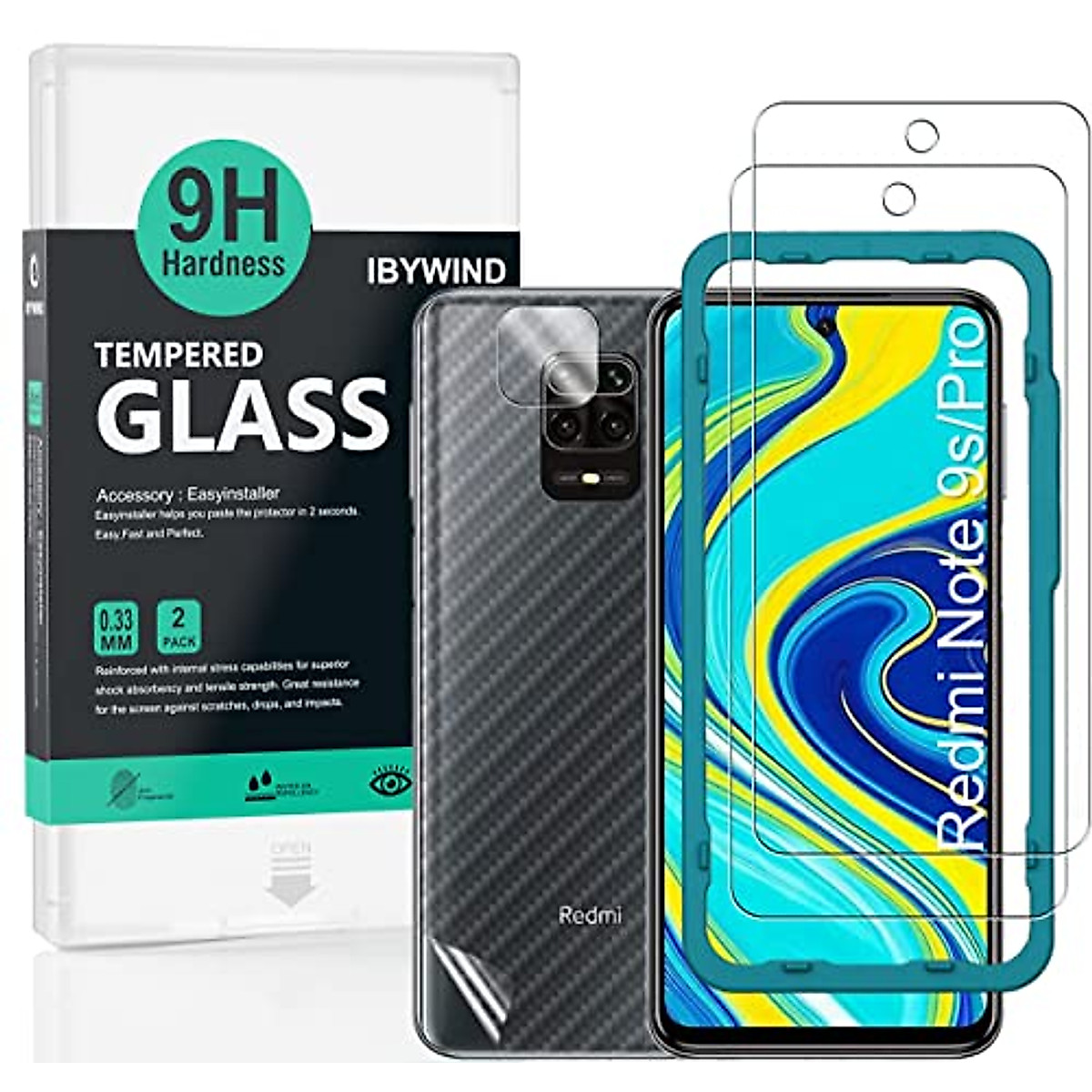 Ibywind Screen Protector For Redmi Note 9S/9 Pro,with 2Pcs Tempered Glass,1Pc Camera Lens Protector,1Pc Backing Carbon Fiber Film [Fingerprint Reader,Easy to install]