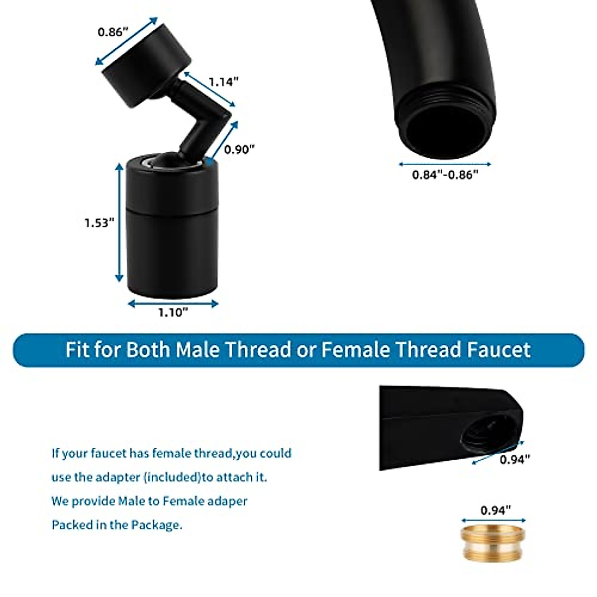 Hibbent Faucet Aerator, 720° Spray Aerator, Kitchen Faucet Aerator, 2 Water Mode Bathroom Faucet Adapter for Face Washing, Gargle and Eye Flush, 1.8GPM 55/64 Female Thread with Adapter, Matte Black