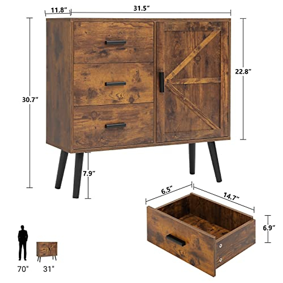 WEENFON Storage Cabinet with 3 Drawers & Barn Door, Mid Century Floor Cabinet with Adjustable Shelf, Buffet Cabinet, Wooden Accent Cabinet for Living Room, Bedroom, Dining Room, Rustic Brown