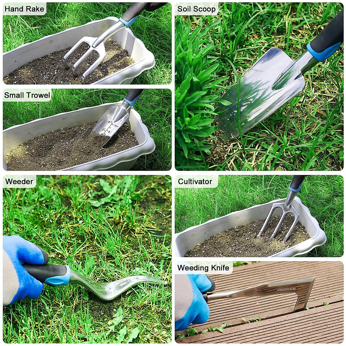 Garden Tool Set with Non Slip Rubber Grip,11 Piece Stainless Steel Gardening Tool Sets,Thickened Repotting Mat & Storage Tote Bag,Heavy Duty Outdoor Hand Tools Uprooting Weeding Tool, Ideal Gifts Blue