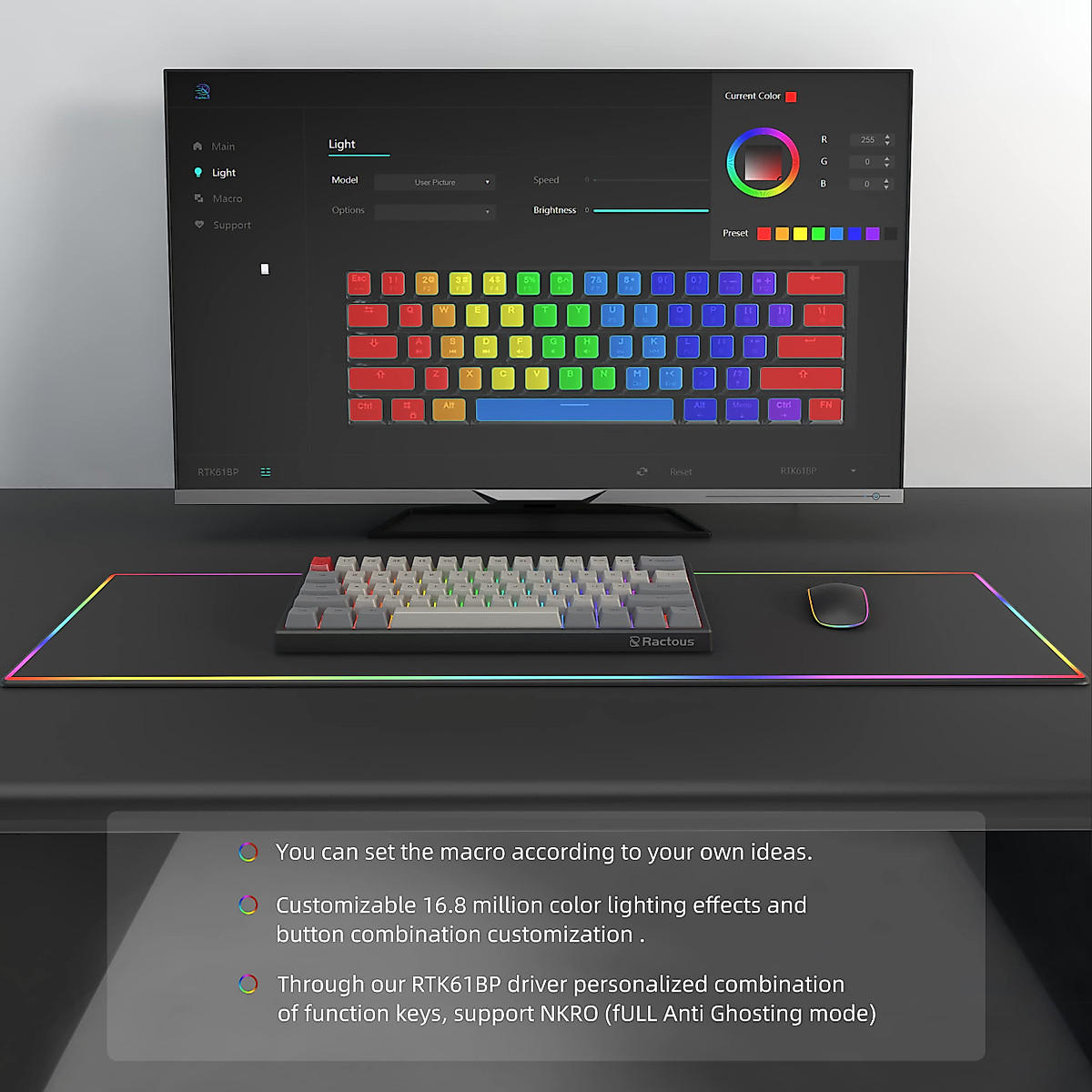 Ractous RTK61BP 60% Wireless Mechanical Gaming Keyboard,RGB Blacklit PBT Sublimation Keycaps 61keys Bluetooth5.1/Wried Gaming Keyboard for PC/Mac Gamers,Hot-Swap Gateron Optical Bule Switch-Black