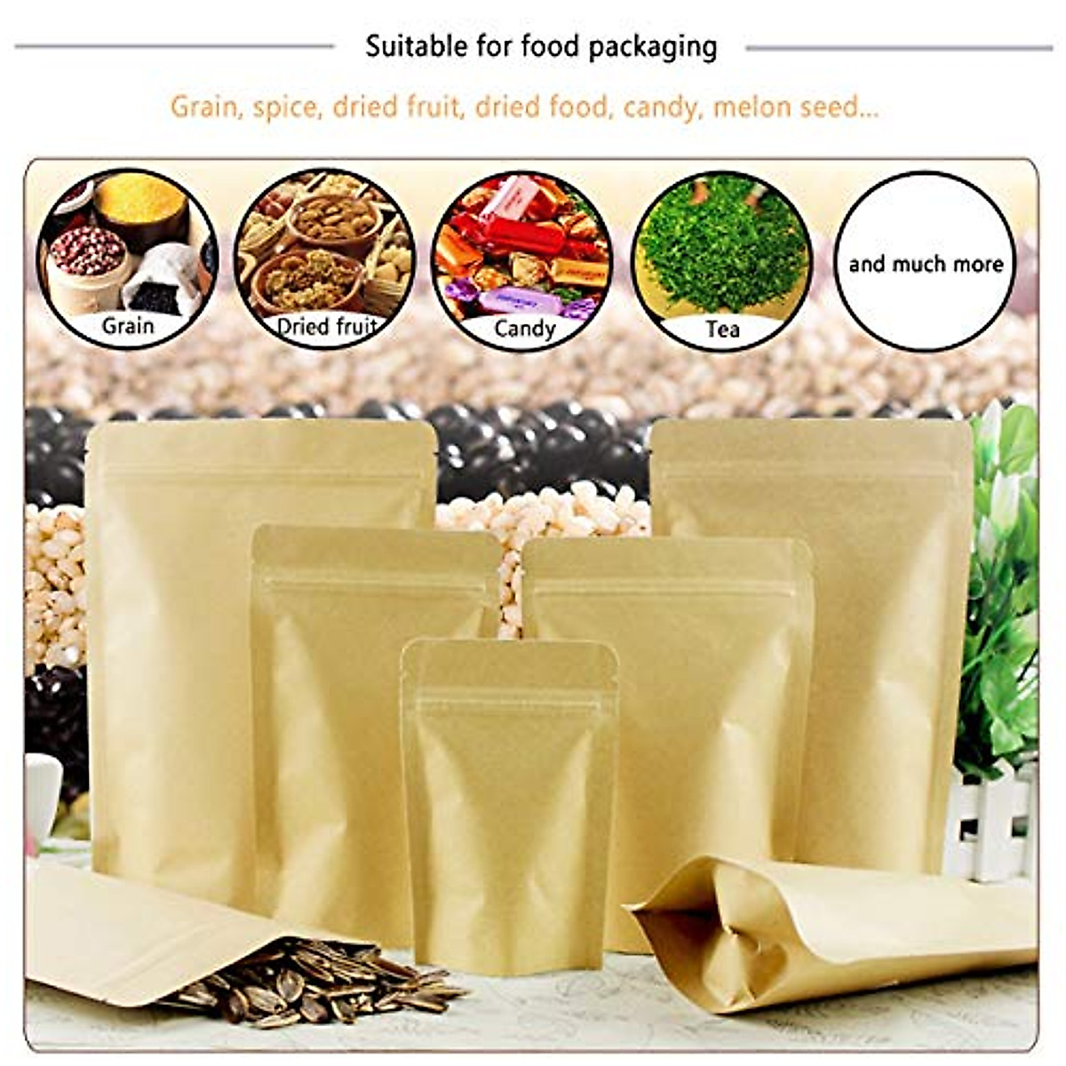 SumDirect Kraft Stand Up Pouches - 50 Pack 5x7 Inch Ziplock Food Storage Reusable Bags with Foil Lined for Home or Business (Brown)