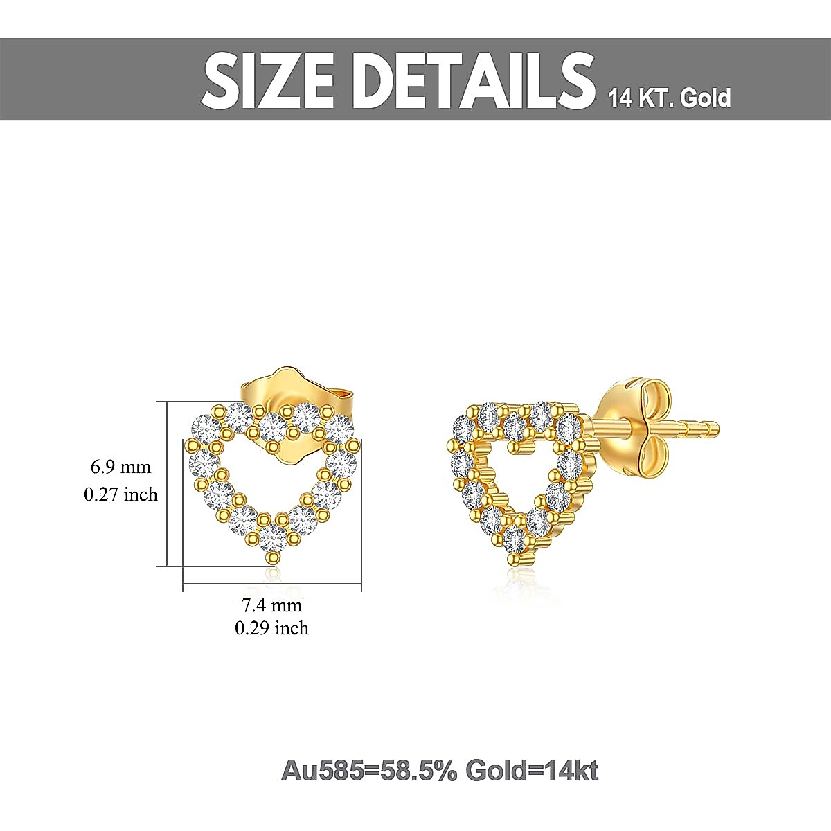 SISGEM 14K Real Gold Heart Stud Earrings with Cubic Zirconia Love heart Earring Stud Earring for Women Wife Best Birthday Gift Always Wear (Yellow Gold)