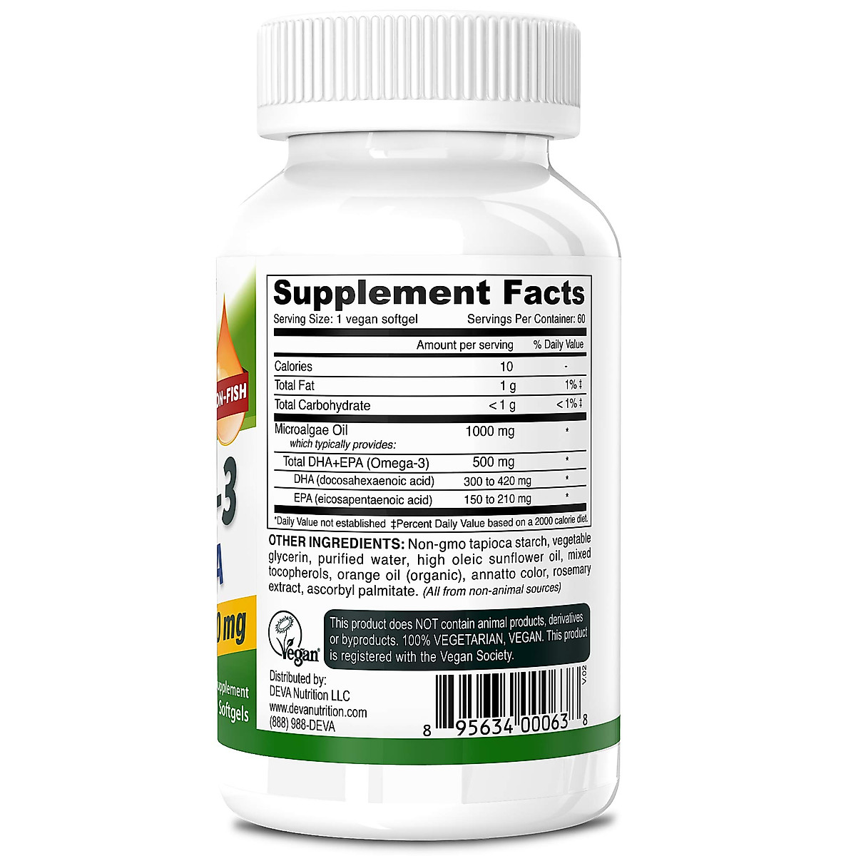 DEVA Vegan Omega-3 DHA EPA Supplement - Once-Per-Day Softgel 500 MG - Carrageenan Free - Gelatin Free - Non-Fish - Algae Oil Omega-3 Fatty Acids - 60 Softgels