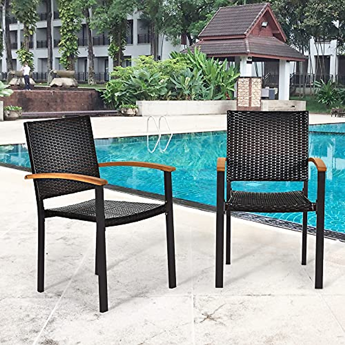 Tangkula 4 Pieces Stackable Patio Rattan Chair, Outdoor PE Wicker Dining Armchair W/Galvanized Steel Frame, Acacia-Topped Armrests, Indoor & Outdoor Wicker Chair for Patio Table, Yard (2, Mix Brown)
