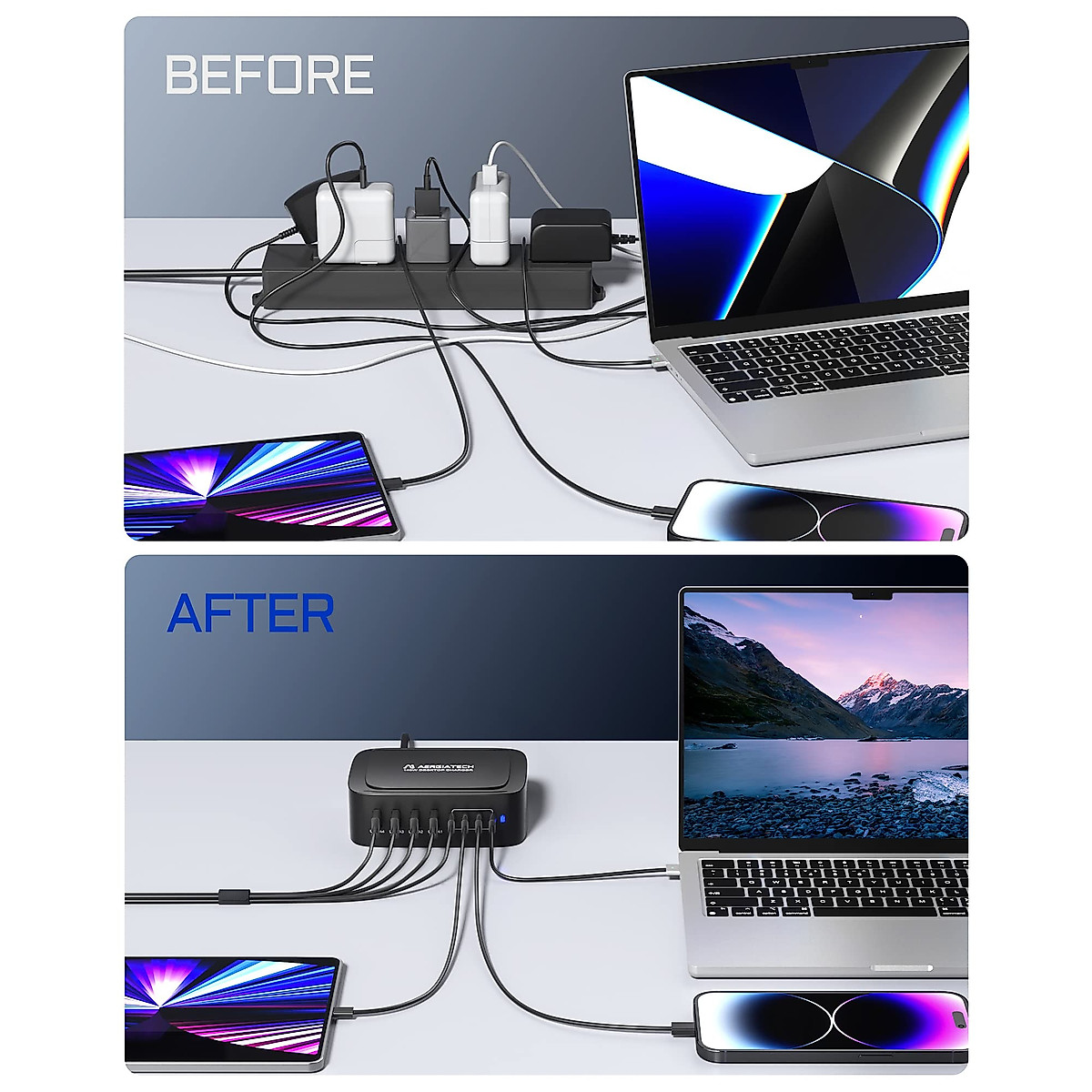 Aergiatech 140W USB C Charger, 8-Port Charging Hub for Multiple Devices, 65W and 45W PD3.0 Fast Charging Laptop Power Adapter for MacBook Pro/Air, iPhone iPad Samsung and More