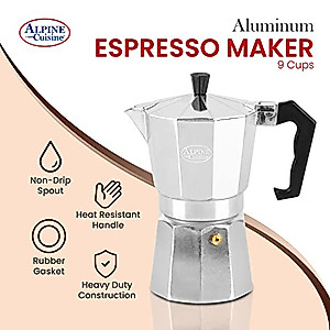 Alpine Cuisine Stovetop Espresso Maker 12.5 Oz, 9 Espresso Cups Moka Pot for Classic Italian and Cuban Coffee Maker, Aluminum Moka Pot, Makes Delicious Coffee, Excellent Camping Coffee Pot