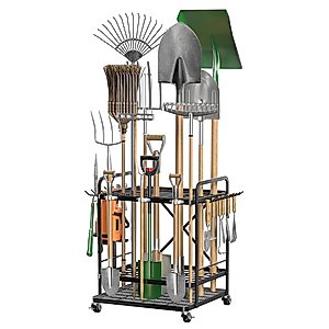 Lineware Garden Tool Organizer For Garage Garden Tool Storage with Wheels Garden Tool Rack Stand Garden Tool Holder Yard Tool Storage for Outdoor Shed Garage Garden Black