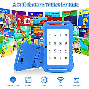 7inch Tablet for Kids Android 11 Tablets 3GB 32GB Parental Control Children Learning Toddler Tablet Shockproof Kickstand Case, GMS Certified, Google Tableta Kids YouTube (Blue)