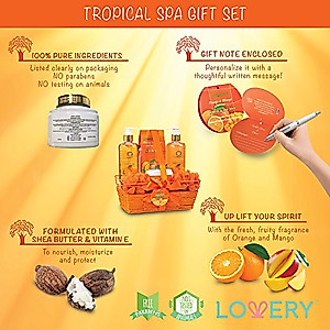 Birthday Gift Basket, Home Spa Gift Basket - Orange & Mango Fragrance - 7pc Bath & Body Set For Women & Men, Contains Shower Gel, Bubble Bath, Body Lotion, Bath Salt, 2 Bath Poufs & Handmade Basket