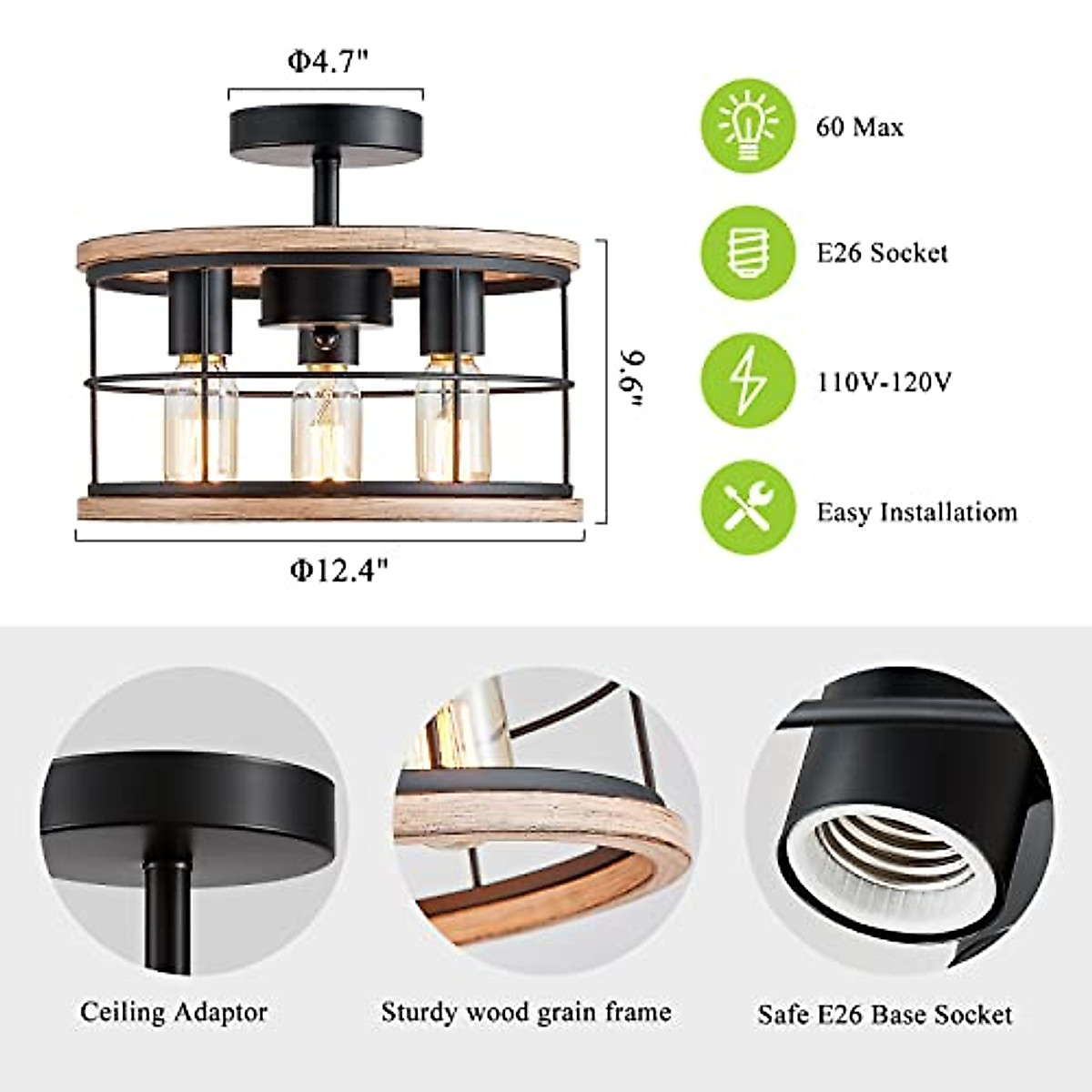 Semi Flush Mount Ceiling Light Fixture Vintage Ceiling Light Farmhouse Ceiling Light White Wood Grain Metal Cage Ceiling Lamp for Kitchen Dining Room Hallwa Bedroom Living Room (White Wood Grain)