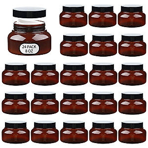 Qeirudu 24 Pack 8 oz Amber Plastic Jars with Lids and Labels, Body Scrub Jars with Lids Empty Refillable Cosmetic Containers for Body Butter, Face Creams, Lotion and Essential oil