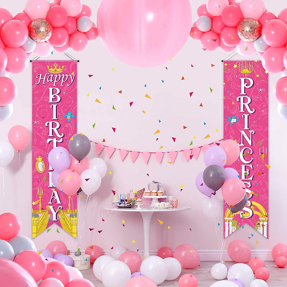 Sumind Princess Birthday Decorations Royal Check Flag Event Banner Princess Backdrop Porch Sign Welcome for Girl Birthday Theme Party Mardi Gras Parade Decoration Pink