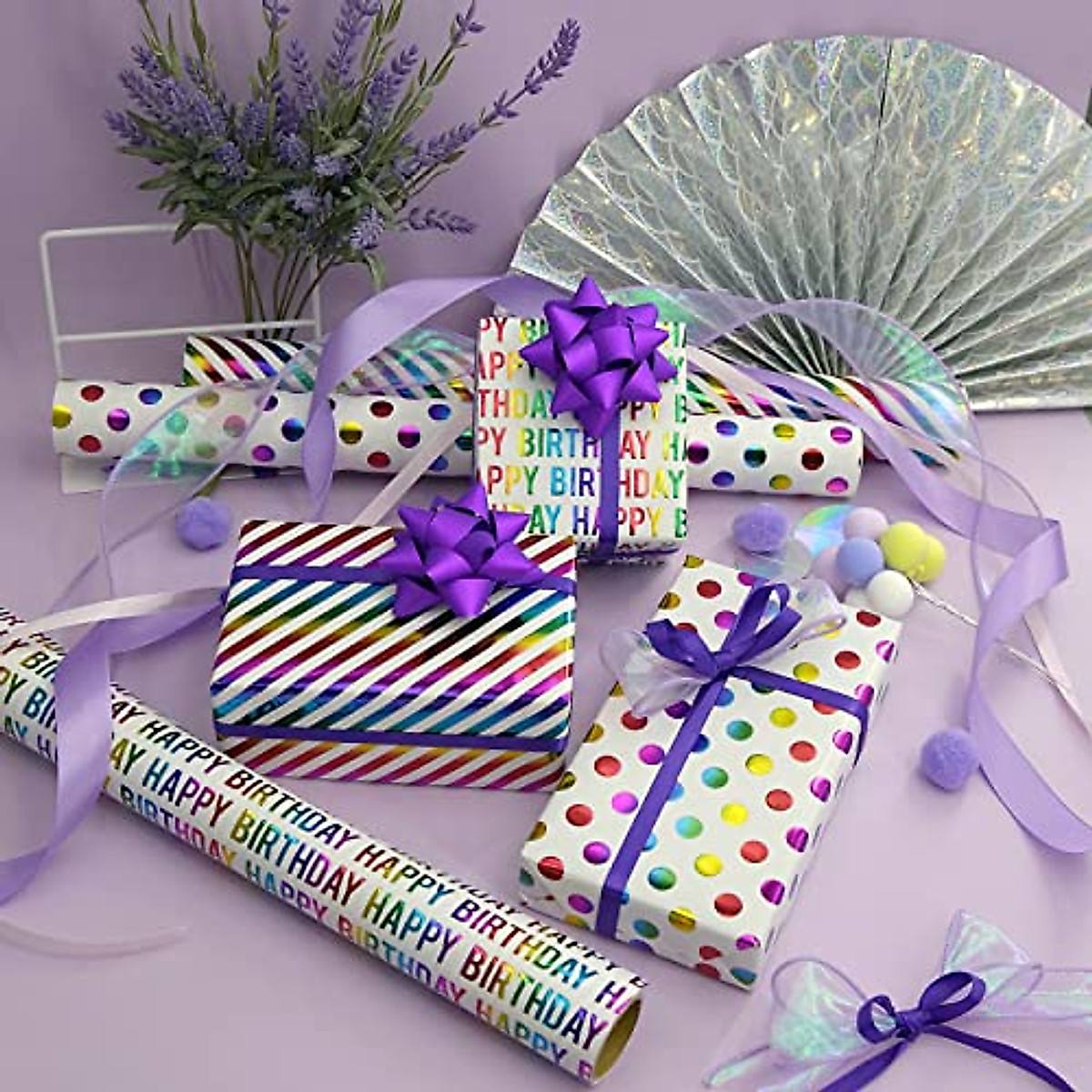 Blavermant Birthday Wrapping paper rolls, Gift Wrapping Paper Mini Roll - 17" X 10 ft Per roll, 3 Colorful Designs for Birthday