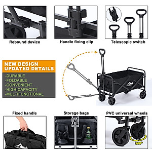 KOMSURF Foldable Utility Wagons Heavy Duty Folding Grocery Cart on Wheels, 200 lbs Capacity with Side Pockets for Garden, Shopping, Sporting and Beach Outdoor Use