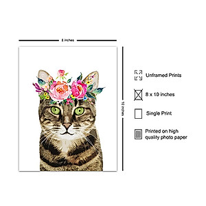 Tabby Cat Wall Art Decor - Kitten, Kitty, Cat Lover Gifts for Women - Cute Floral Wall Art Poster - Adorable Room Decoration for Girls Bedroom, Kids Room, Living Room, Baby Nursery