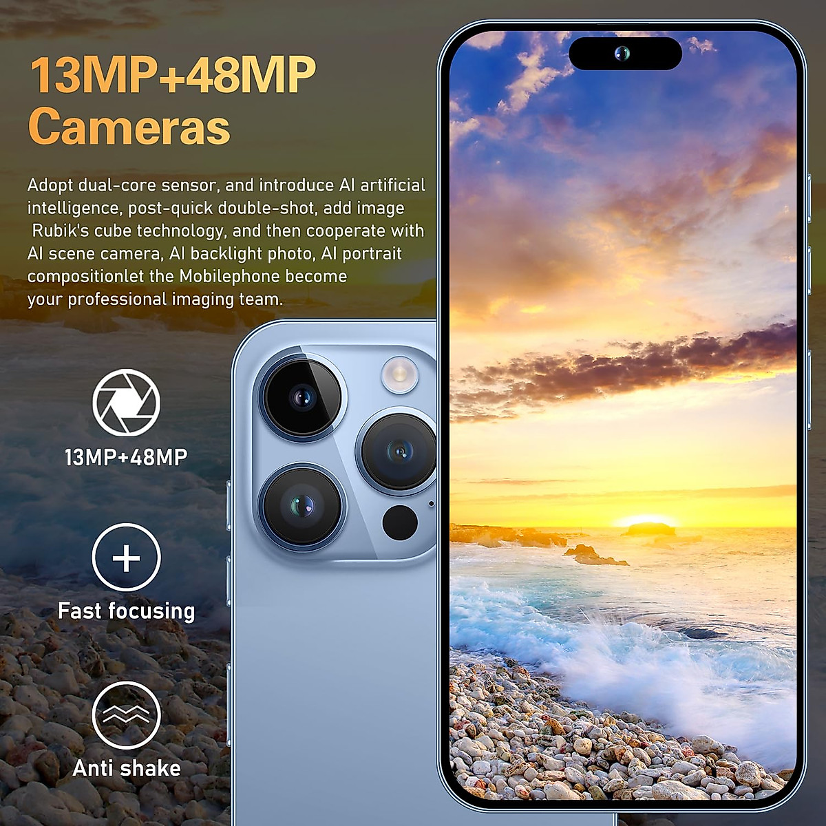 xixaomiro i14Pro 2023 Unlocked 5G Android Cell Phone 8GB + 512GB 1TB Expandable 6.7 "FHD 90Hz Display Screen 6800mAh Battery Mobile Phone 13 MP/48MP Camera Dual Sim Card (Golden)