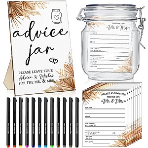 Sintuff 114 Pieces Boho Theme Bridal Shower Decoration Include Advice and Wishes for the Mr and Mrs Wedding Advice Sign with Holder 100 Advice and Wishes Cards 12 Pens PET Wedding Wish Jar for Guests