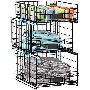 3 Pack Sliding Closet Organizers and Storage, Stackable Closet Storage Shelves, Pull Out Clothes Storage Organizer Baskets/Containers/Drawers with Dividers for Wardrobe (Black-Sturdy Wire Metal Frame)