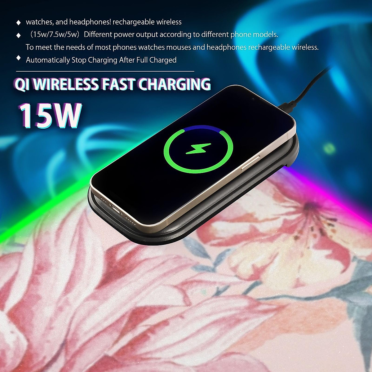 VKPSCHJ Wireless Charging Mouse Pad Watercolor Chrysanthemum Peony Rose RGB Gaming Mouse Mat 15W Fast Charging, Extra Large Computer Keyboard Mat with Non-Slip Rubber Base for Mobile Phone,PC, Lapto