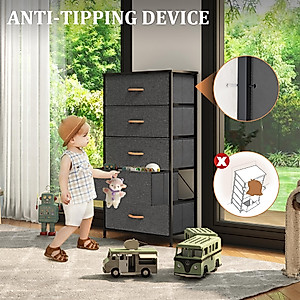 VredHom Fabric Dresser for Bedroom, Tall Skinny dresser with 5 Wide Drawers, Storage Organizer Tower, Steel Frame Wooden Top for Closet, Living Room, Hallway, Nursery(Grey)