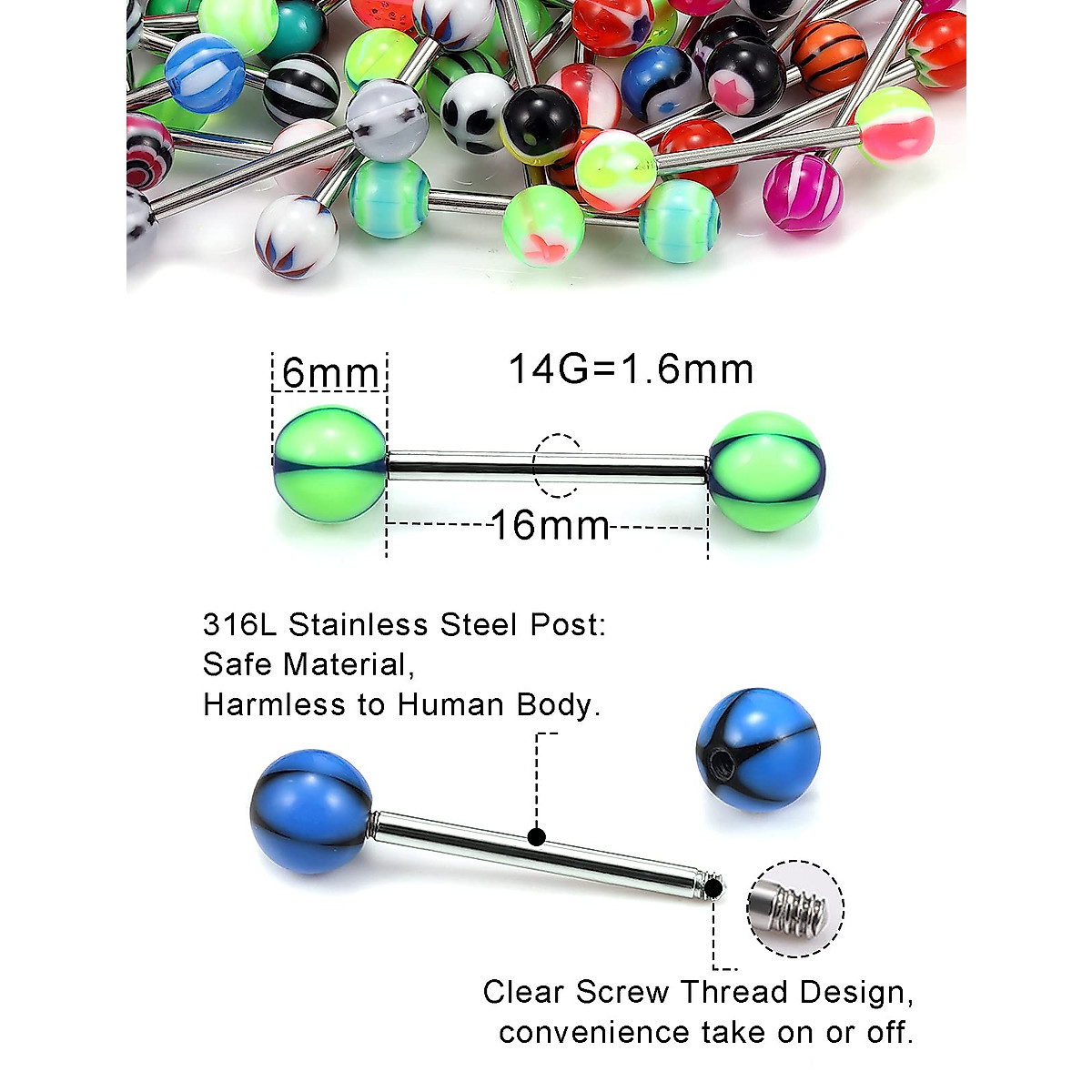 Heienngy 14g Tongue/ Nipple Rings 100pcs for Women Men Surgical Stainless Steel /Nipple Piercing Jewelry Plastic Metal 16MM Acrylic Straight Barbells Body Piercing Jewelry