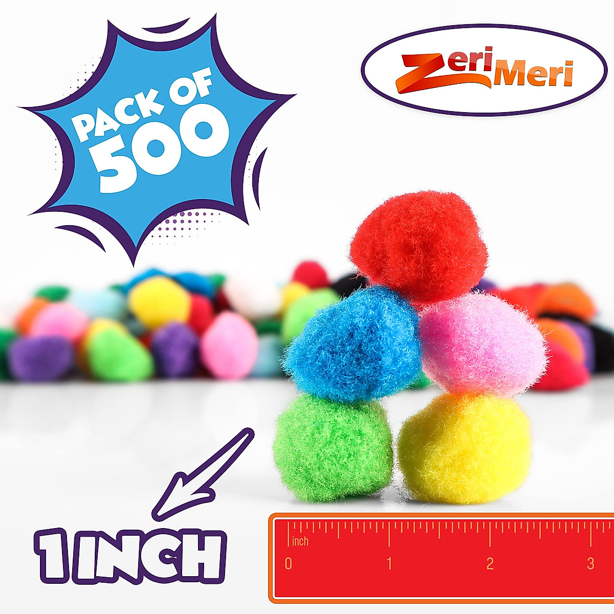 Zerimeri [600 pcs] Pom Poms Arts and Crafts - 500 1 inch Polypropylene Rainbow Pompoms with 100 Google Eyes for Craft - Child & Pet-Friendly Pom Pom Balls for Crafts