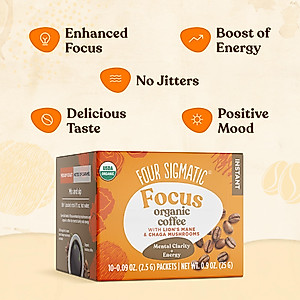 Organic Instant Coffee Powder by Four Sigmatic | Arabica Instant Coffee Singles with Lion's Mane, Chaga and Rhodiola | Mushroom Coffee Instant Mix for Better Focus and Immune Support | 10 Packets