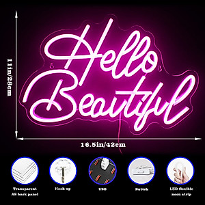 LooKLight Hello Beautiul Neon Sign,Pink Neon Light,Led Light Up Neon Light,Neon Signs Wedding for Wall Decor,USB Connectivity Led Neon Signs For Wedding,Engagement,Birthday Party,Girl Bedroom