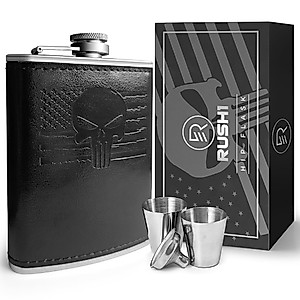 Rush1 8oz Leather Flask for Men – Custom American Flag Skull Design – Wrap Stainless Steel Set with Funnel and 2 Shot Glasses – Ideal for Whiskey or any Liquor.