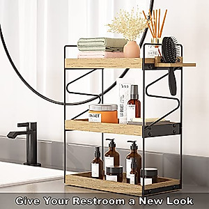 Nidouillet 3 Tier Bathroom Counter Organizer, Wood Countertop Organizer Standing Shelf Skincare Vanity Organizer Cosmetic Holder with Sink Tray Comb Storage for Kitchen Coffee Station Bedroom Brown