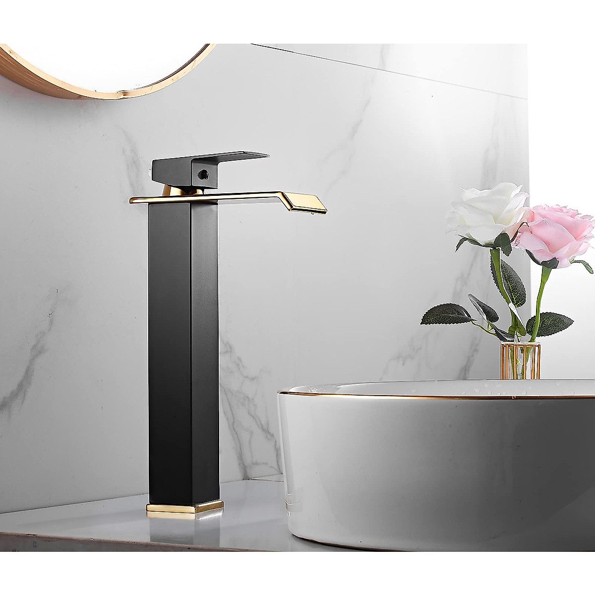 Bathroom Vessel Faucet Black Gold Waterfall One Hole Bowl Sink Faucet Bathroom Faucets Tall Single Handle Bath Vanity Lavatory Deck Mount Supply Lines Hose Commercial