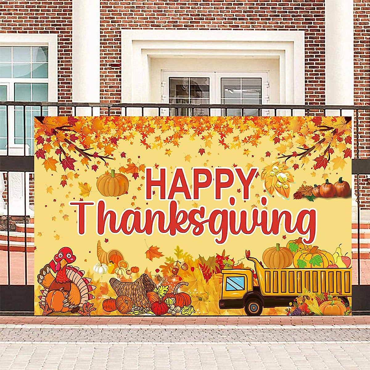 Famoby HAPPY Thanksgiving Fabric Sign Poster Banner Backdrop and Pumpkin Turkey maple leaf Pattern for Thanksgiving Day Photo Booth Background Party Decoration