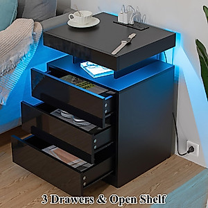 HOMMPA LED Nightstand with Wireless Charging Station & USB Ports, 3 Drawer Night Stand with LED Light RGB Adjustable Brightness, Smart Nightstand High Gloss Bedside Table for Bedroom Black