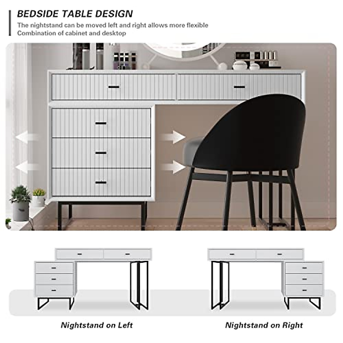 Anbuy White Makeup Vanity Desk with 3-Color Touch Screen Lighted Mirror, Large Modern 5 Drawers Makeup Vanity Table Set with Lights Dressing Table for Women Girls